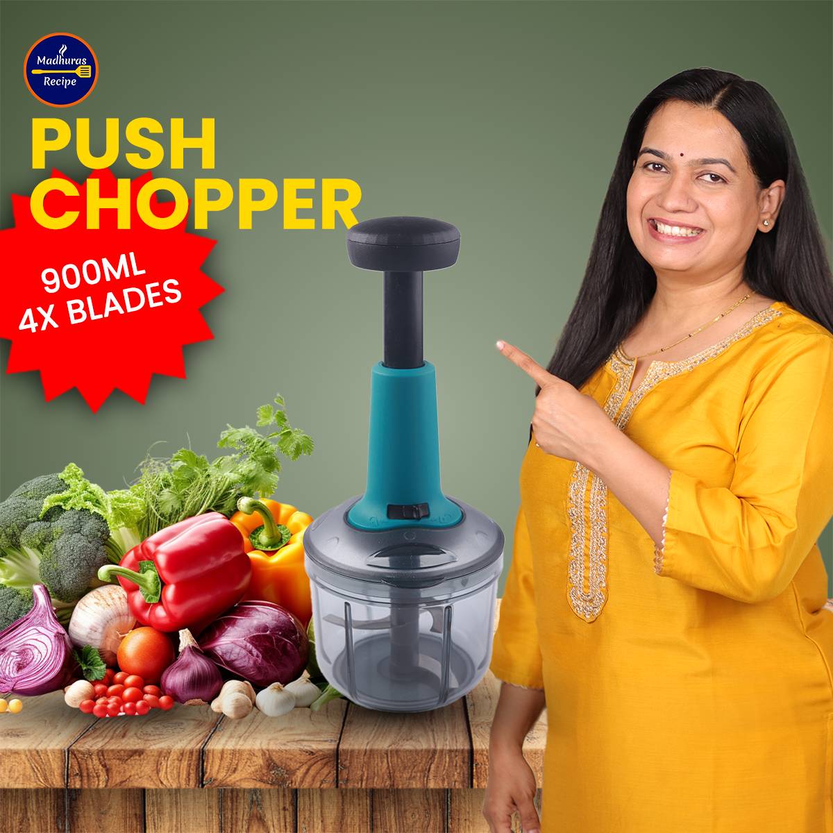 Madhura’s Recipe 900ml Push Chopper with 4 Blades for Effortless ...